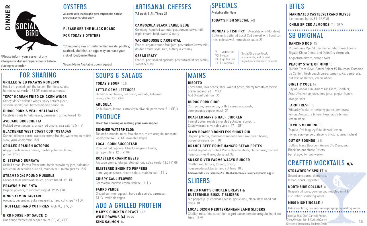 Dinner Menu | Social Bird